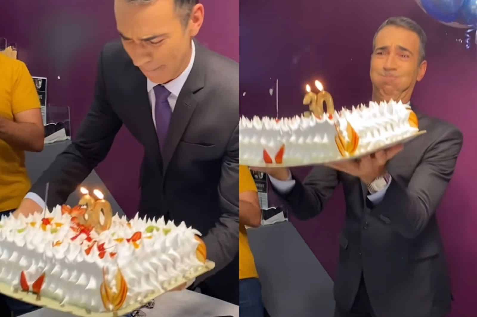 César Tralli ganha surpresa de colegas ao completar 30 anos de Globo